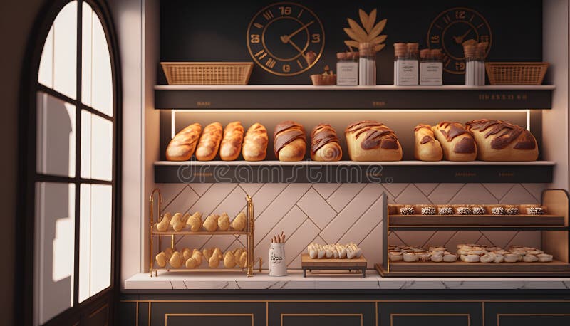 3D Rendering of a Bakery Shelf with Bread and Pastries. Stock ...
