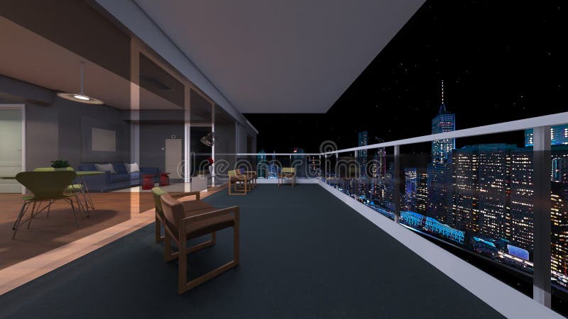 3D Rendering of the Balcony with Night View Stock Illustration ...