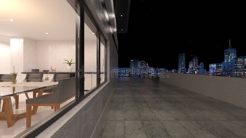 3D Rendering of the Balcony with Night View Stock Illustration ...