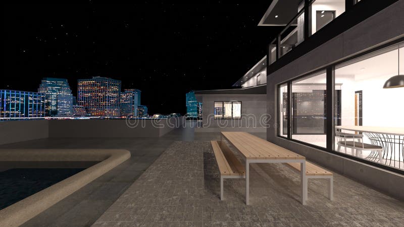 3D Rendering of the Balcony with Night View Stock Illustration ...