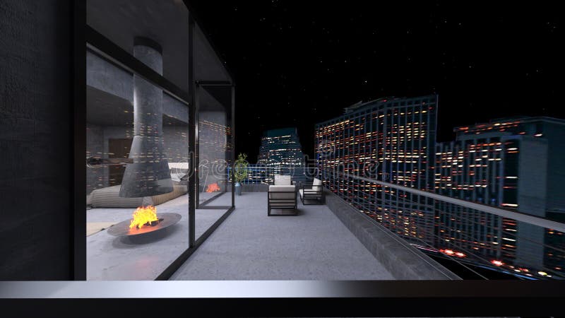 3D Rendering of the Balcony with Night View Stock Illustration ...
