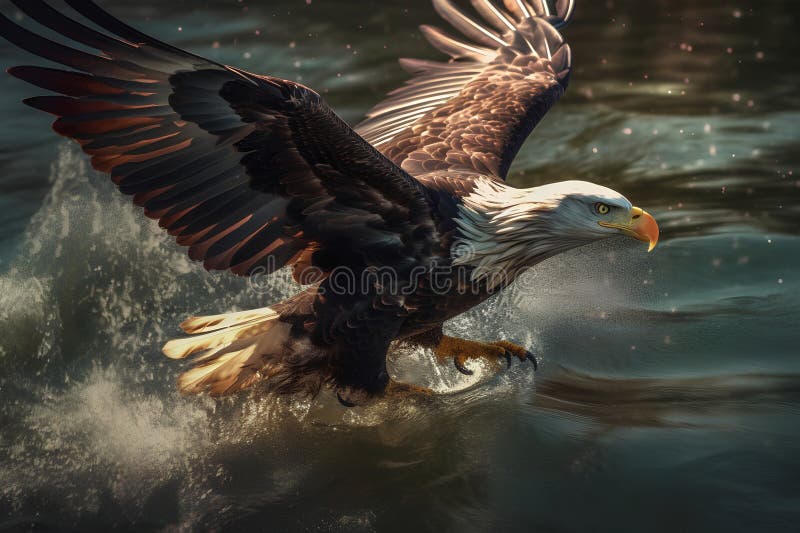 3d Rendering of a Bald Eagle Flying Over Water with Splashes Stock ...