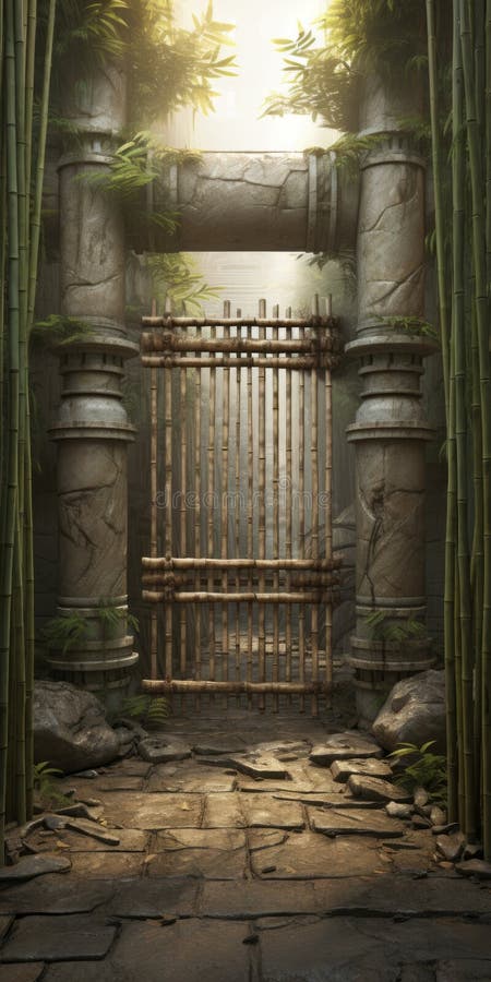 Raw Realistic Bamboo Tree Gate Entryway 3d Scene Illustration Stock ...