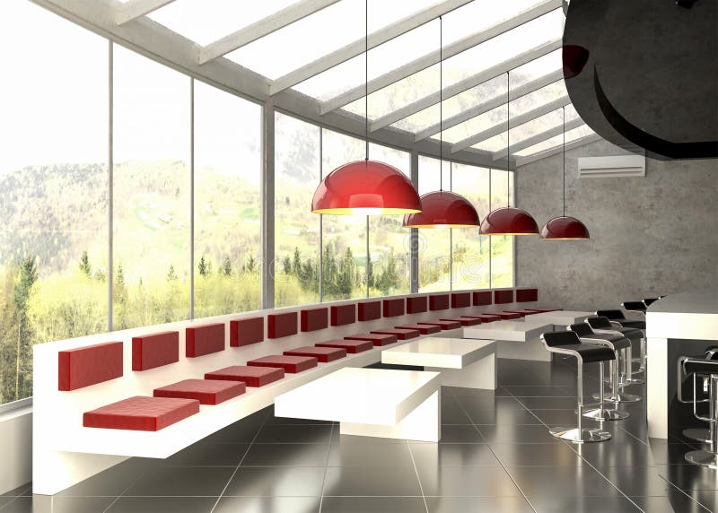 3d Rendering of Bar or Cafe Interior with Red Lamps Stock Illustration ...