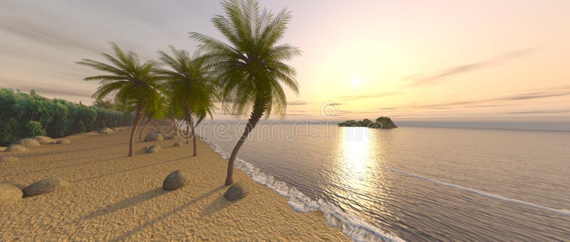 3D rendering of the beach stock illustration. Illustration of palm ...