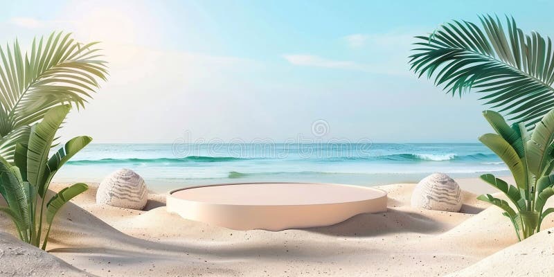 3D Rendering of Beach Scene Display Podium with Sand and Summer Beach ...