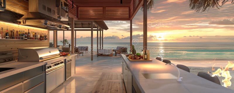 A 3D Rendering of a Beachfront Kitchen with an Open Grill Fresh Seafood ...