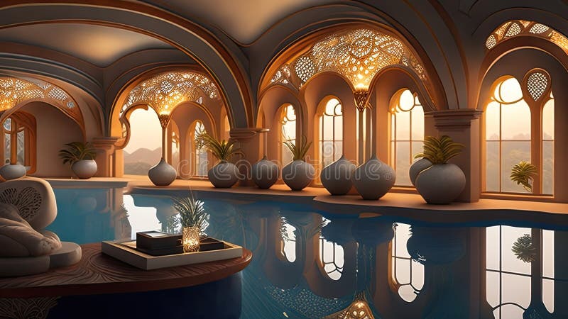 3D Rendering of a Beautiful Arabic Style Interior with a Pool Stock ...