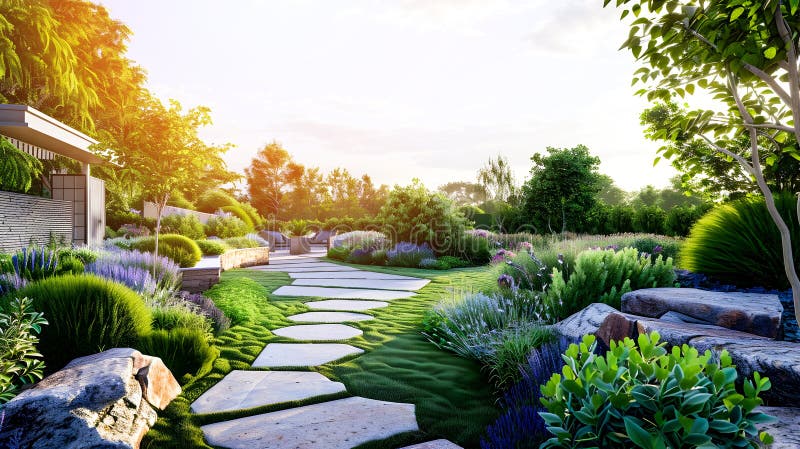 3D Rendering of a Beautiful Garden Design with Pathway Stock ...