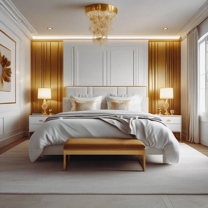 3D Rendering. Beautiful Interior of a Modern House in White and Gold ...