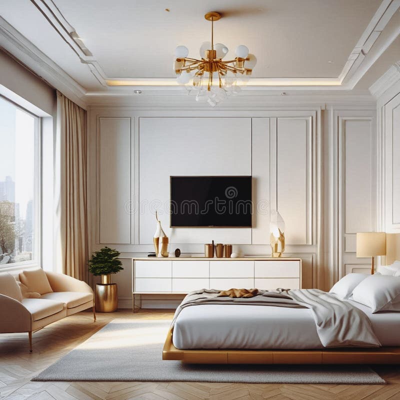 3D Rendering. Beautiful Interior of a Modern House in White and Gold ...