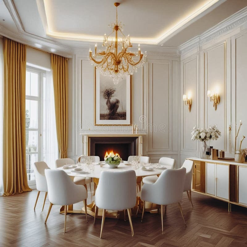 3D Rendering. Beautiful Interior of a Modern House in White and Gold ...