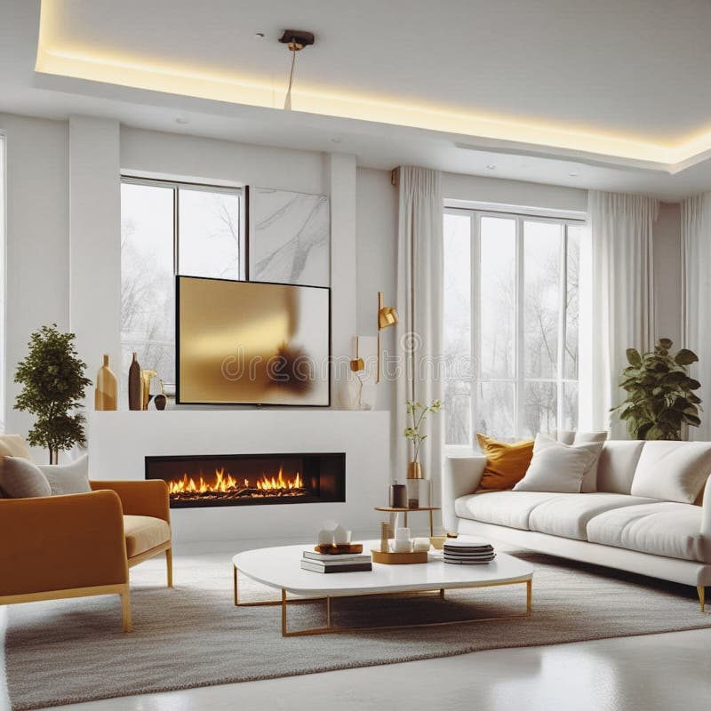 3D Rendering. Beautiful Interior of a Modern House in White and Gold ...