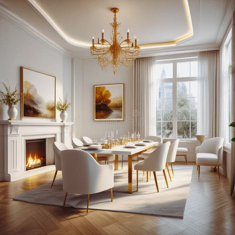 3D Rendering. Beautiful Interior of a Modern House in White and Gold ...