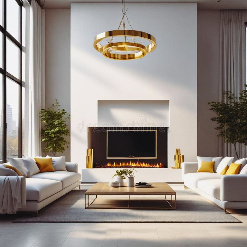 3D Rendering. Beautiful Interior of a Modern House in White and Gold ...