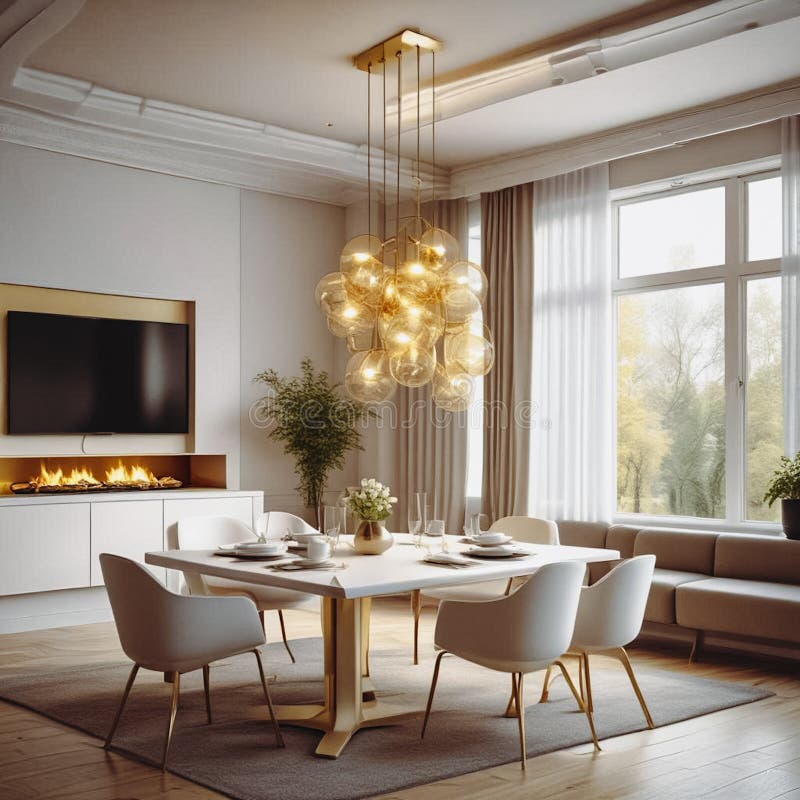 3D Rendering. Beautiful Interior of a Modern House in White and Gold ...