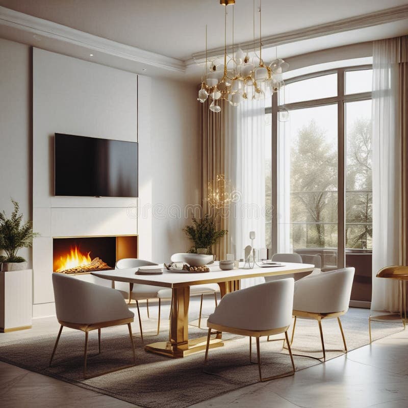 3D Rendering. Beautiful Interior of a Modern House in White and Gold ...