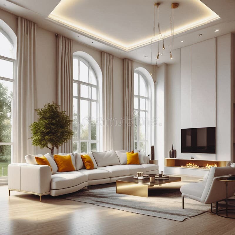 3D Rendering. Beautiful Interior of a Modern House in White and Gold ...