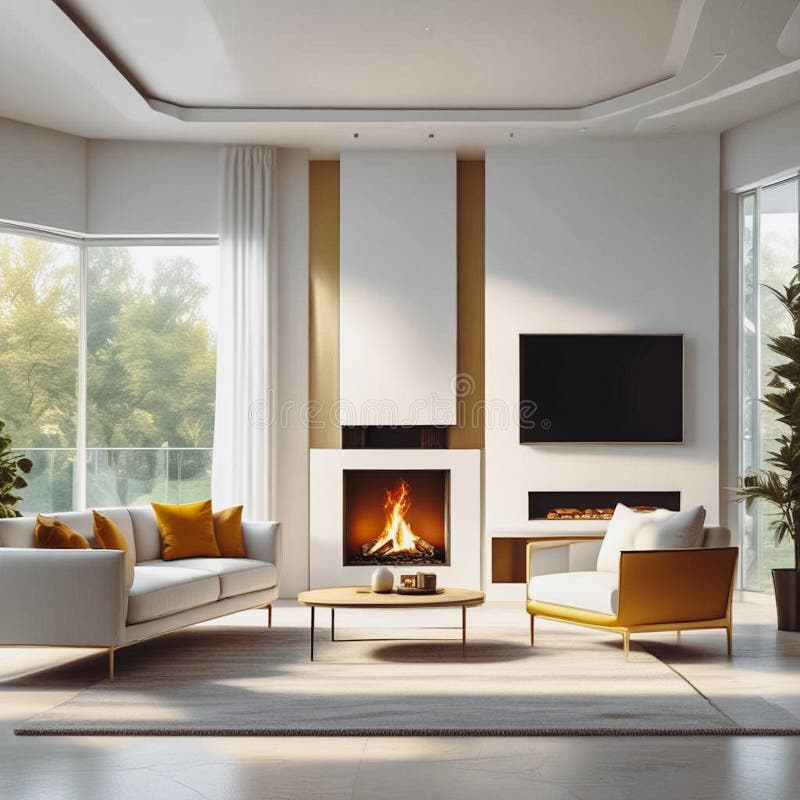 3D Rendering. Beautiful Interior of a Modern House in White and Gold ...