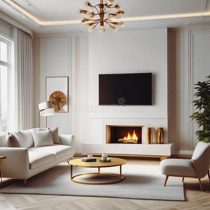 3D Rendering. Beautiful Interior of a Modern House in White and Gold ...