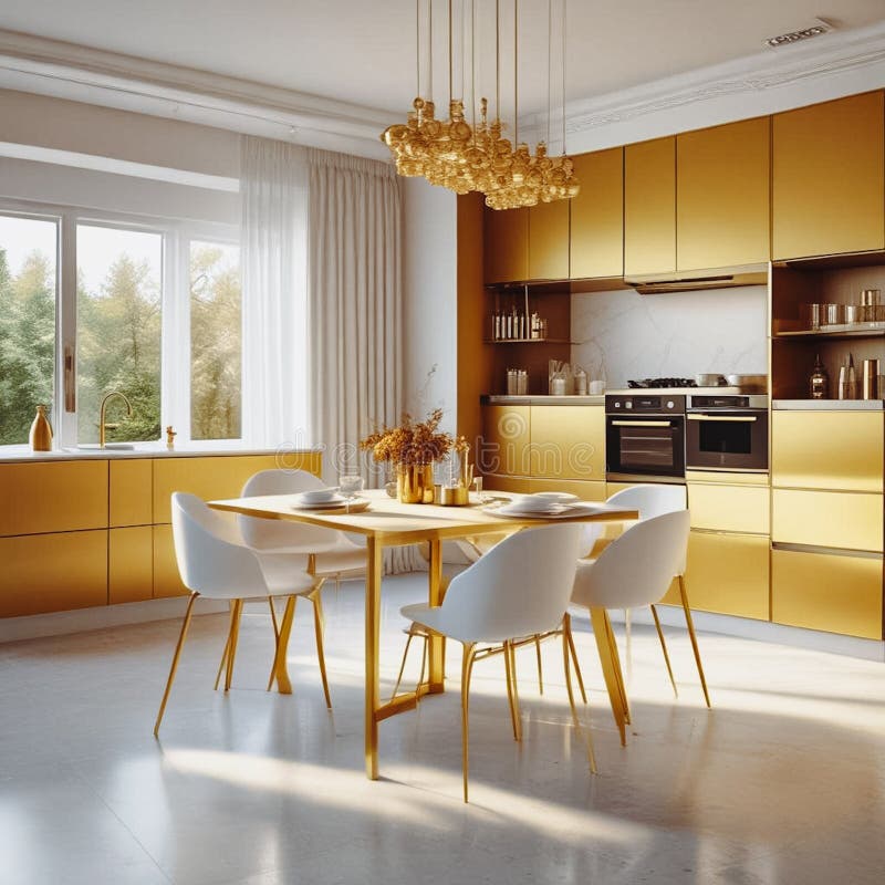 3D Rendering. Beautiful Interior of a Modern House in White and Gold ...