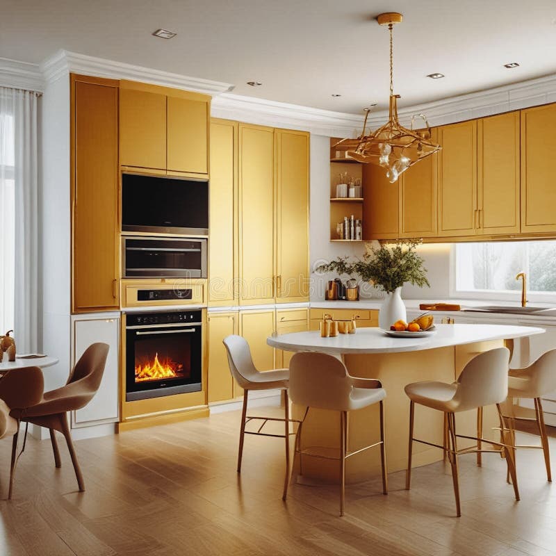 3D Rendering. Beautiful Interior of a Modern House in White and Gold ...