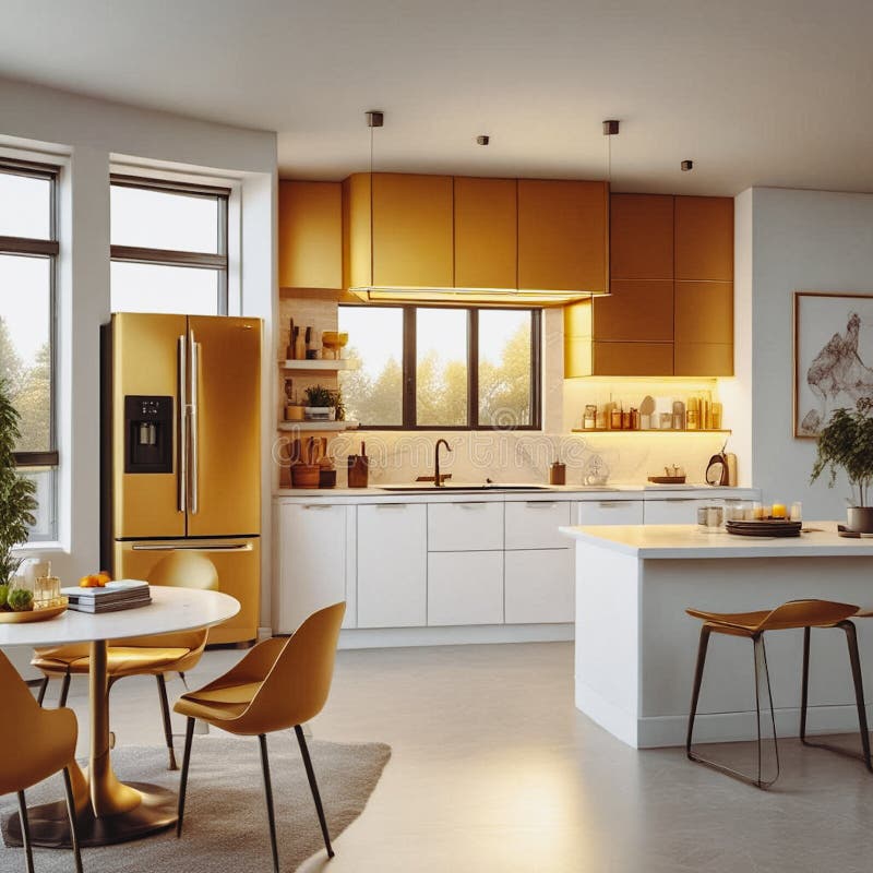 3D Rendering. Beautiful Interior of a Modern House in White and Gold ...