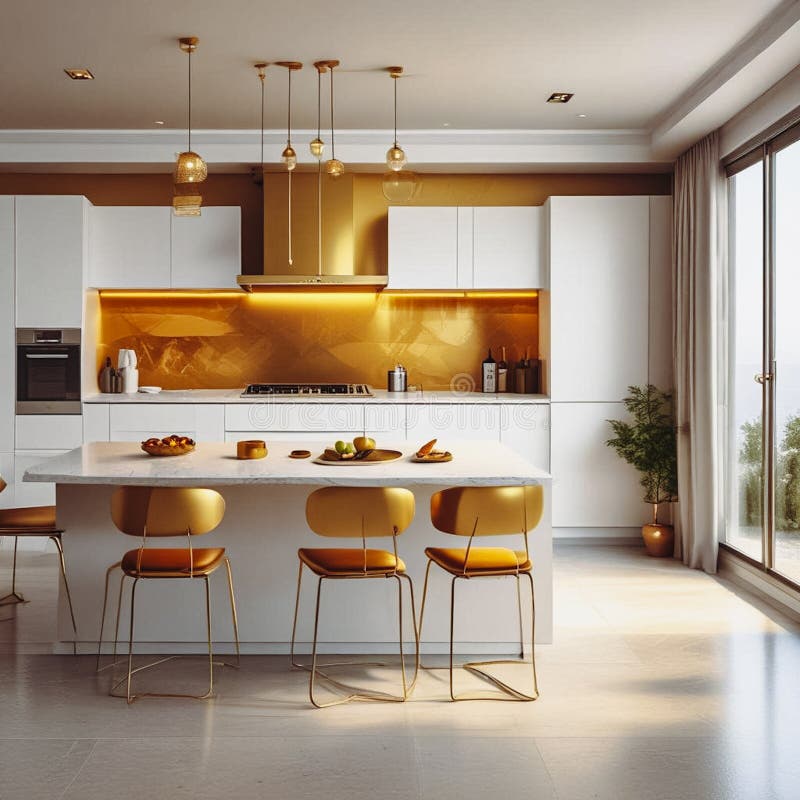 3D Rendering. Beautiful Interior of a Modern House in White and Gold ...