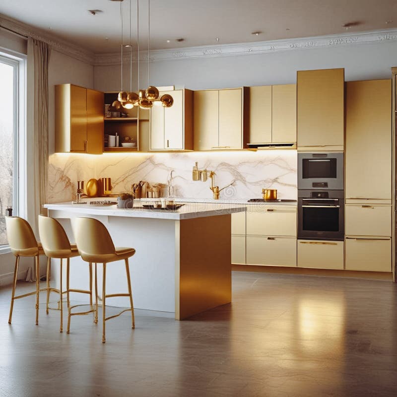 3D Rendering. Beautiful Interior of a Modern House in White and Gold ...