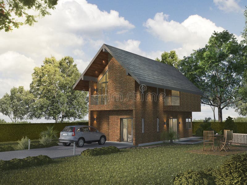 3d Rendering Beautiful Light Brick House Outdoor Stock Illustration ...