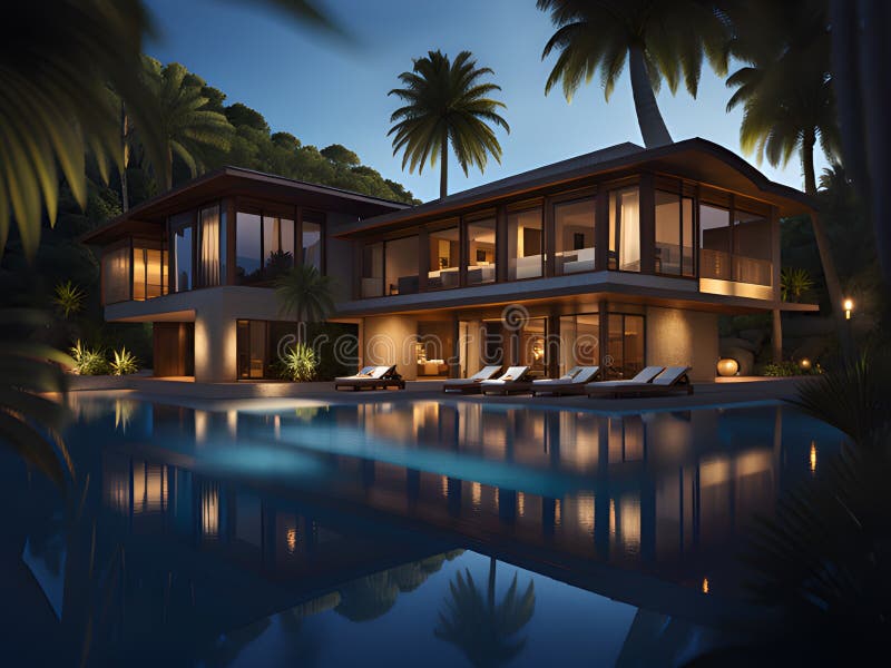 3d Rendering of a Beautiful Luxury Pool and Resort in the Evening, Ai ...