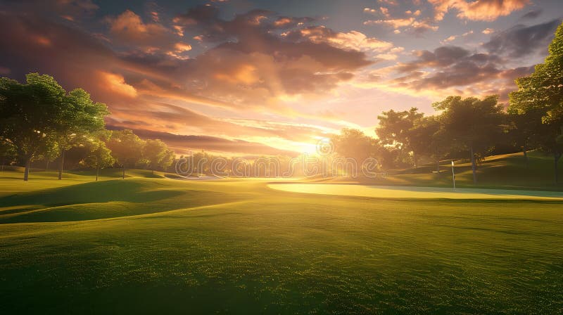 3D Rendering Beautiful Sunset on a Golf Course Capturing Serenity and ...