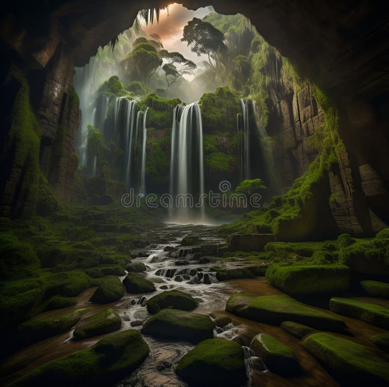 3D Rendering of a Beautiful Waterfall in a Cave with Green Moss Stock ...
