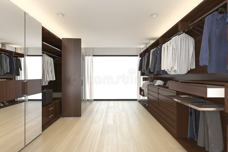 3d Rendering Beautiful Wood Horizontal Wardrobe and Walk in Closet Near ...