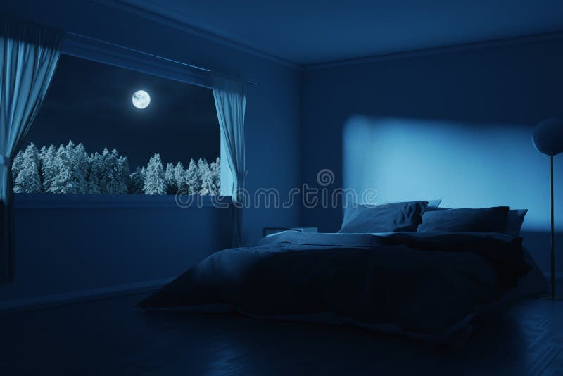 3d Rendering of Bedroom with Cozy Low Bed in the Full Moon Night Stock ...