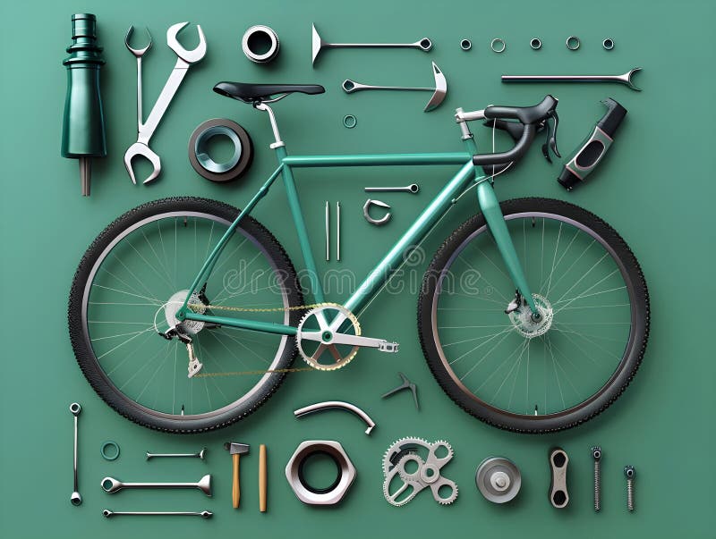 3D Rendering Bicycle Parts and Tools on Green Stock Illustration ...