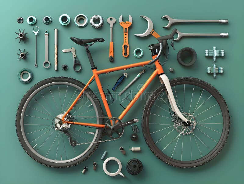 3D Rendering Bicycle Parts and Tools on Green Stock Illustration ...