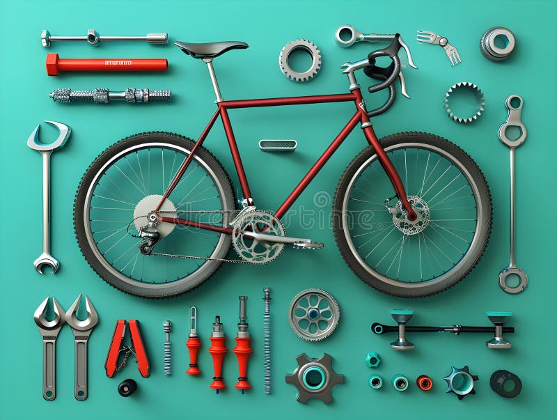 3D Rendering Bicycle Parts and Tools on Green Stock Illustration ...