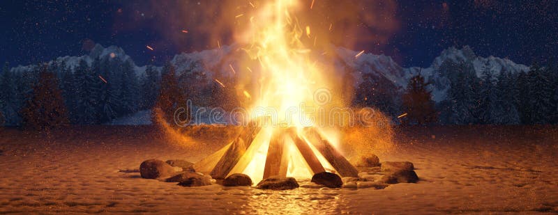 3d Rendering Of Big Bonfire With Sparks And Particles On Snowy Ground ...