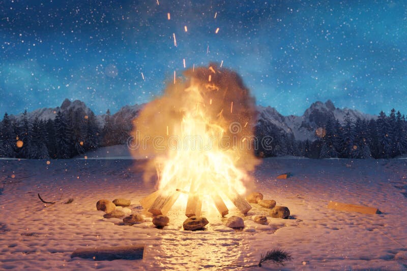 3d Rendering of Big Bonfire with Sparks and Particles on Snowy Ground ...