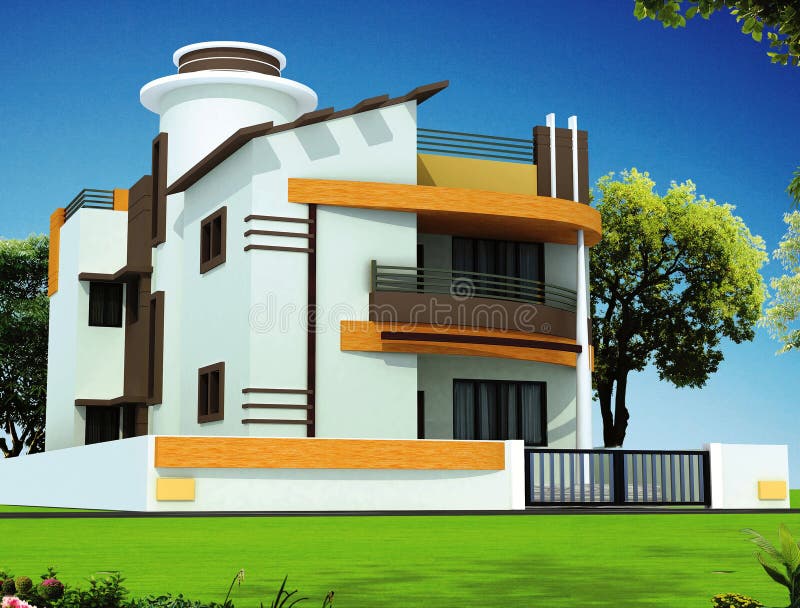 3D Rendering of a Big Two Storage House with Modern Orange Fragments ...