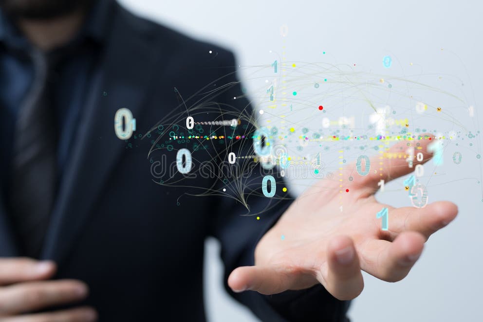 3d Rendering of Binary Codes Connected with Lines Above the Hand of a Buisnessman Stock Image ...