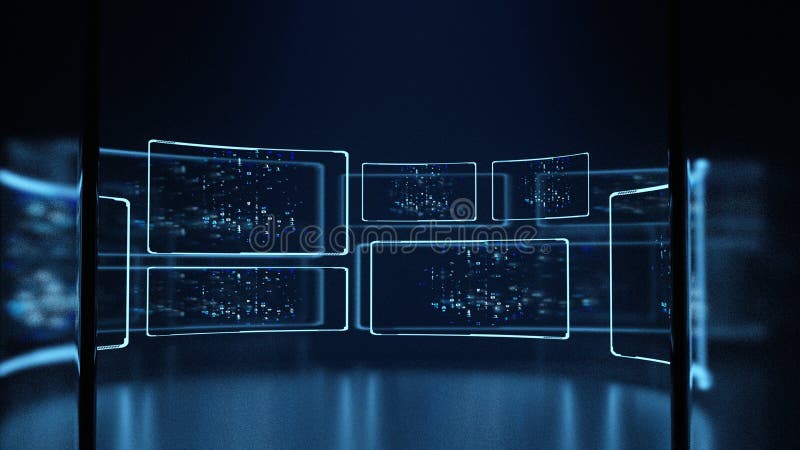 3D Rendering of Binary Data on Monitor Screen Data Panels in Circle ...