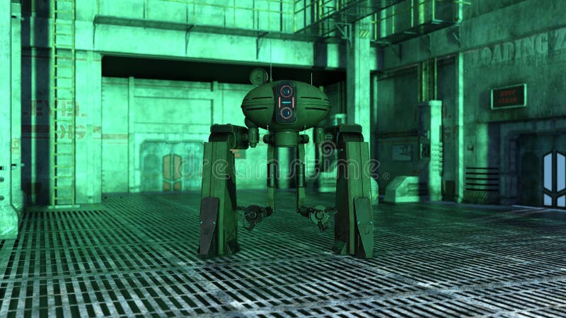 3D-illustration of a Biped Droid or Robot in a Science Fiction Starship ...