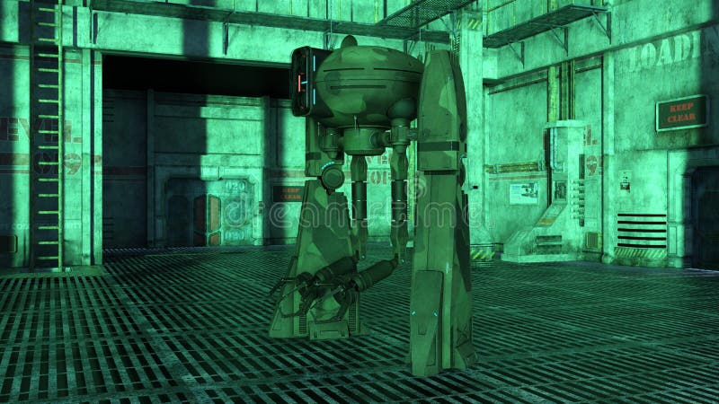 3D-illustration of a Biped Droid or Robot in a Science Fiction Starship ...