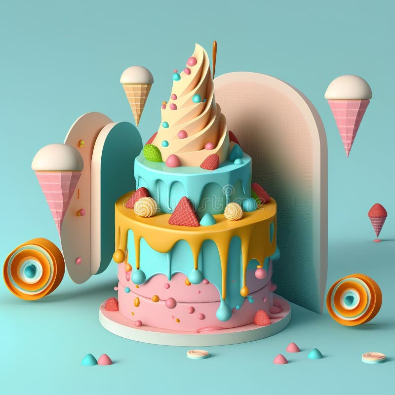 3d Rendering of a Birthday Cake with Ice Cream and Candies Stock ...