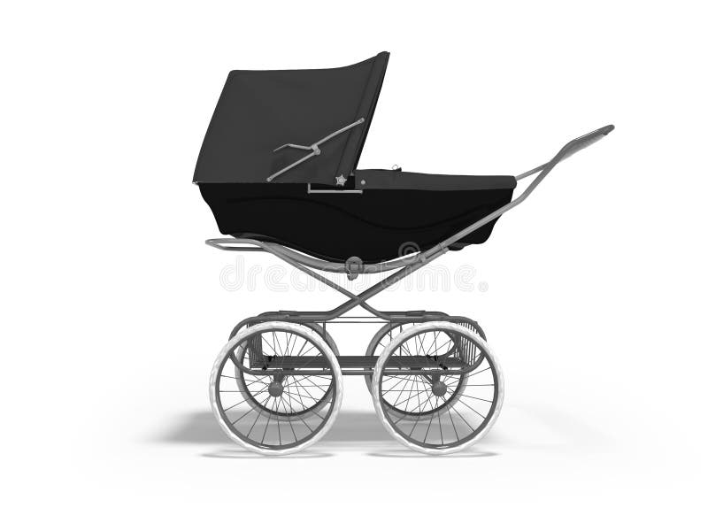 3D Rendering Black Baby Stroller with Trunk in Side View White ...