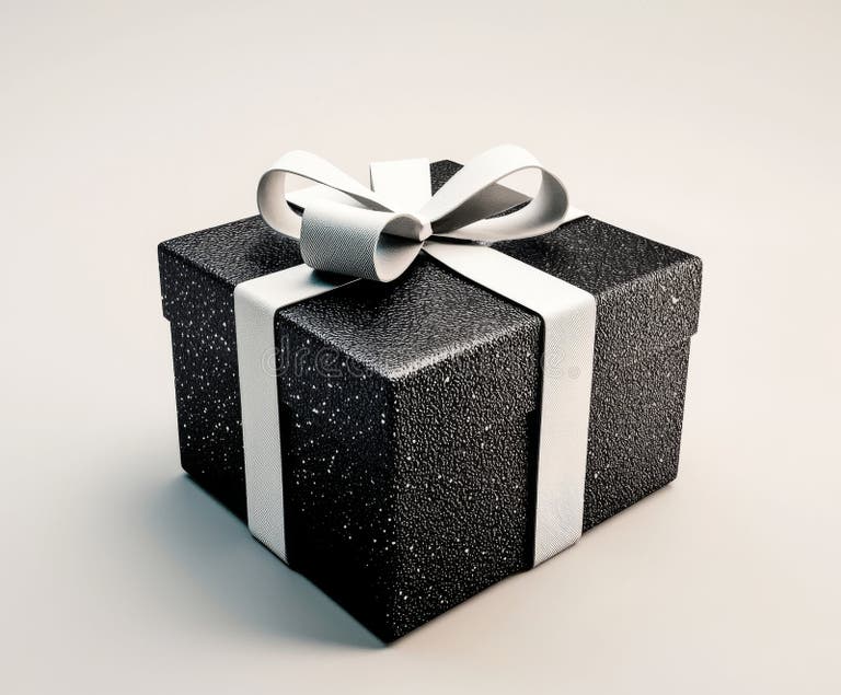 A 3D Rendering of a Black Closed Gift Box with White Ribbon and Bow ...