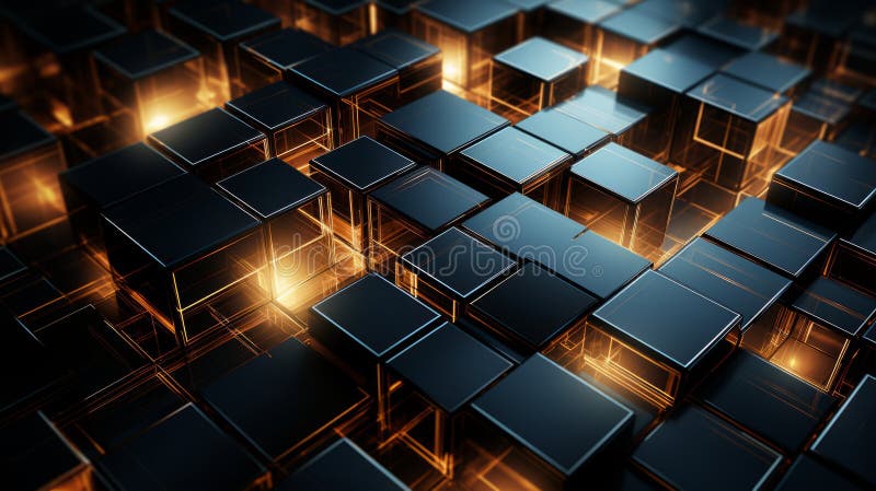 3d Rendering of a Black and Gold Background with Glowing Cubes Stock ...