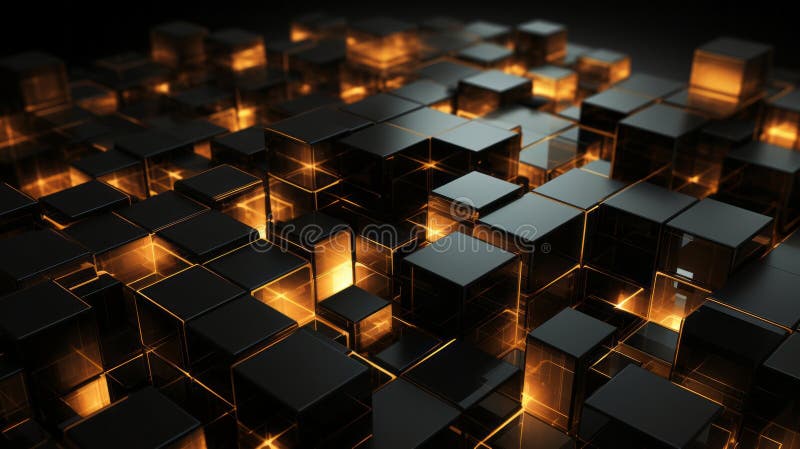 3d Rendering of a Black and Gold Background with Glowing Cubes Stock ...